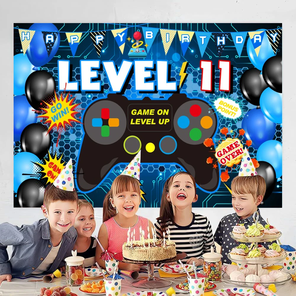 Happy-Kids-Birthday-Game-On-Level-Up-Party-Backdrops-Cake-Smash-Table ...