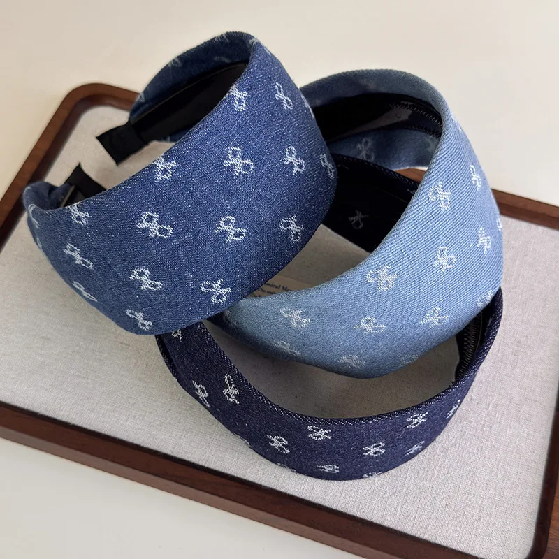 Fashion Denim Blue Headbands Bow Printed Fabric Wide Edged Hair Hoop ...