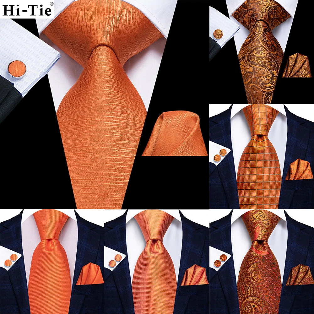 Solid Striped Orange Silk Wedding Tie For Men Hi-Tie Designer Handky ...