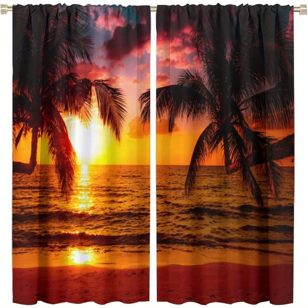 2pcs Tropical Sunset Blackout Curtains - Vibrant Palm Tree & Ocean View ...
