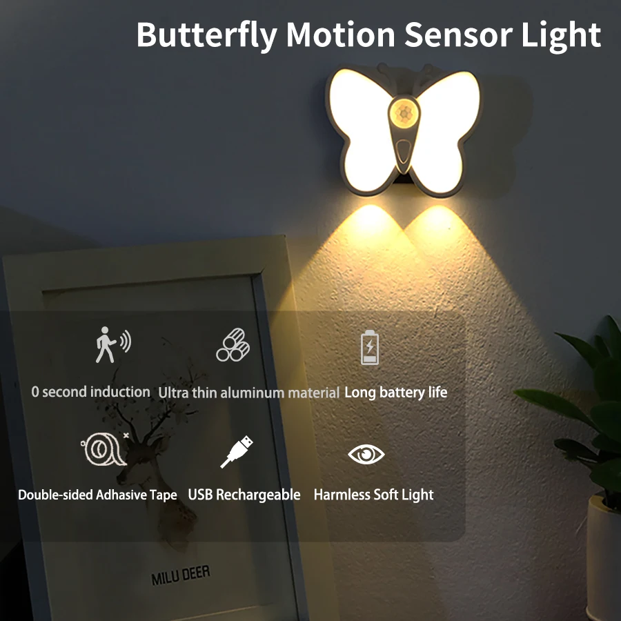 Motion-Sensor-LED-Night-Light-Butterfly-Rechargeble-Night-Lamp-Bedside ...