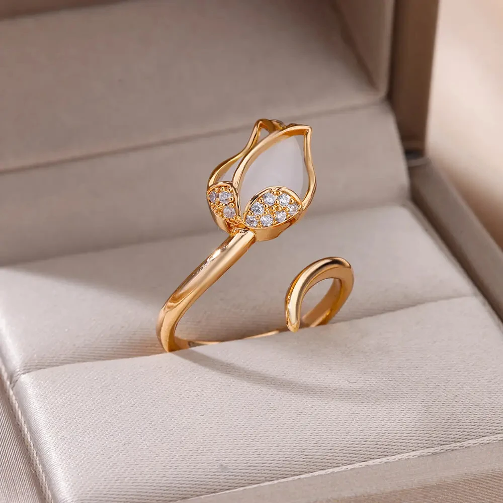 Zircon-White-Opal-Tulip-Flower-Rings-For-Women-Gold-Color-Stainless ...