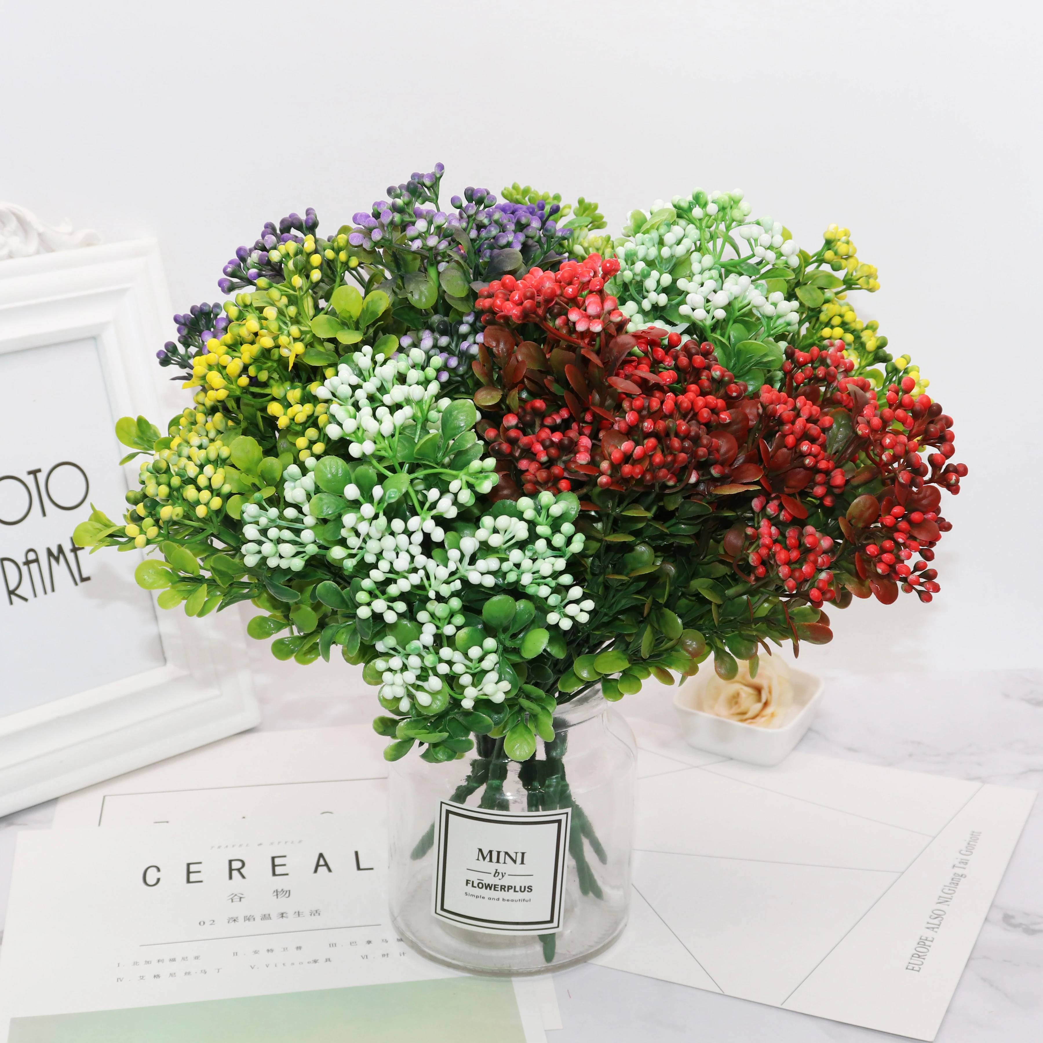 7 Branches Green Artificial Berry Flowers Bouquet Artificial Fruit ...