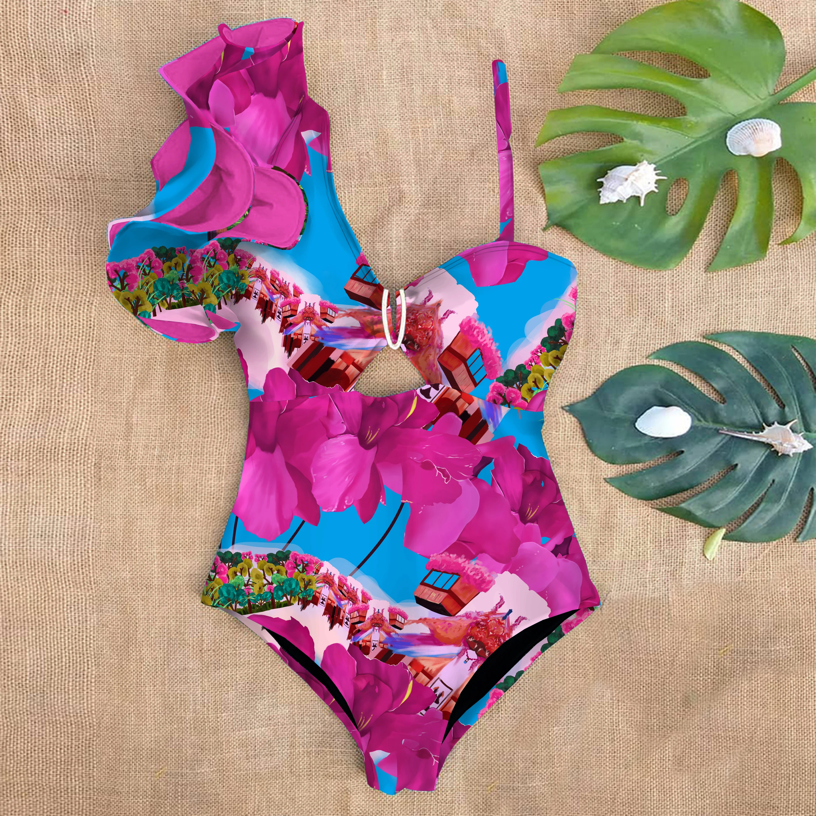 2025 New Sexy Ruffle Print Floral One Piece Strappy One shoulder ...