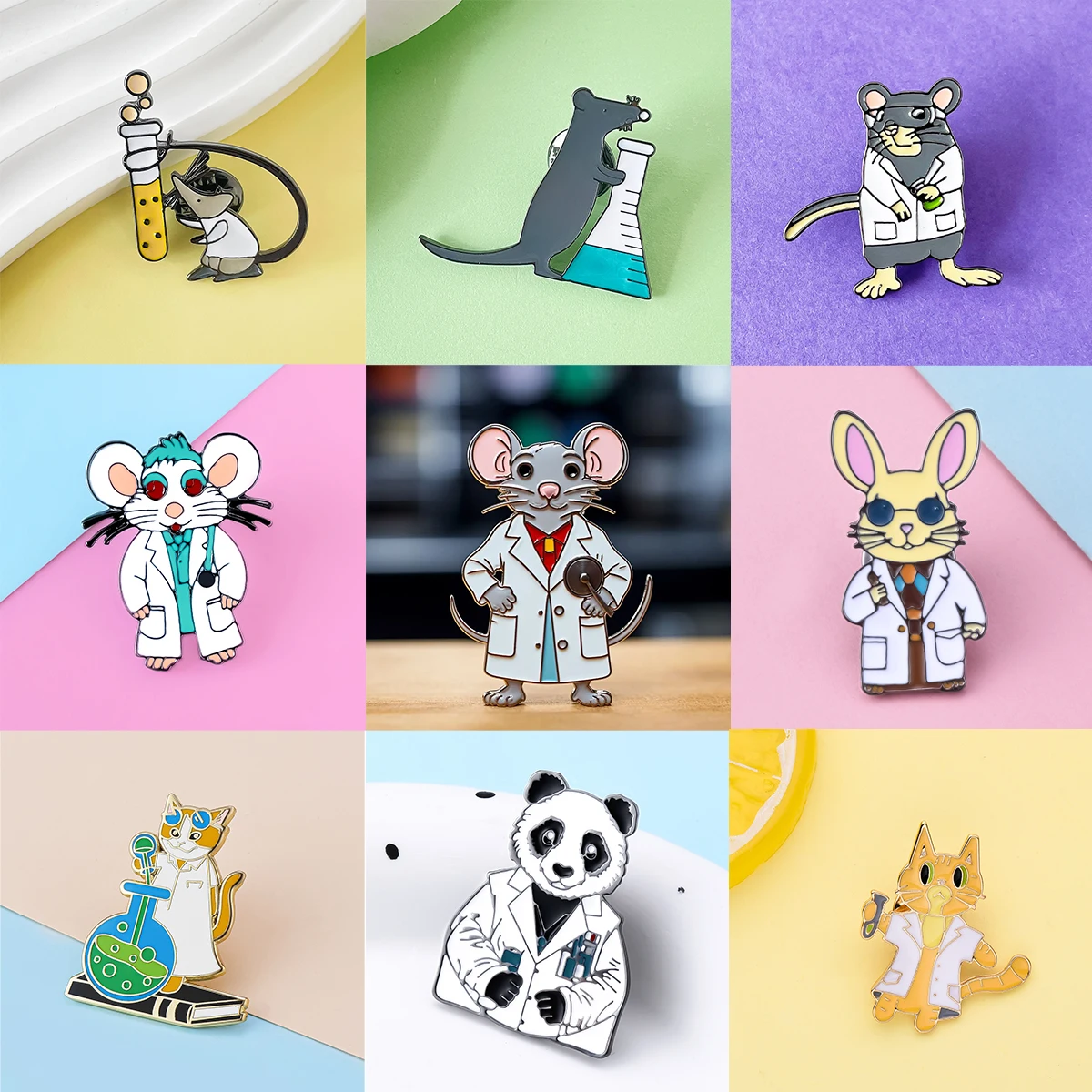 Catuni-Cute-Chemistry-Biology-Enamel-Animal-Brooch-Pin-Mouse-Cat-Rabbit ...
