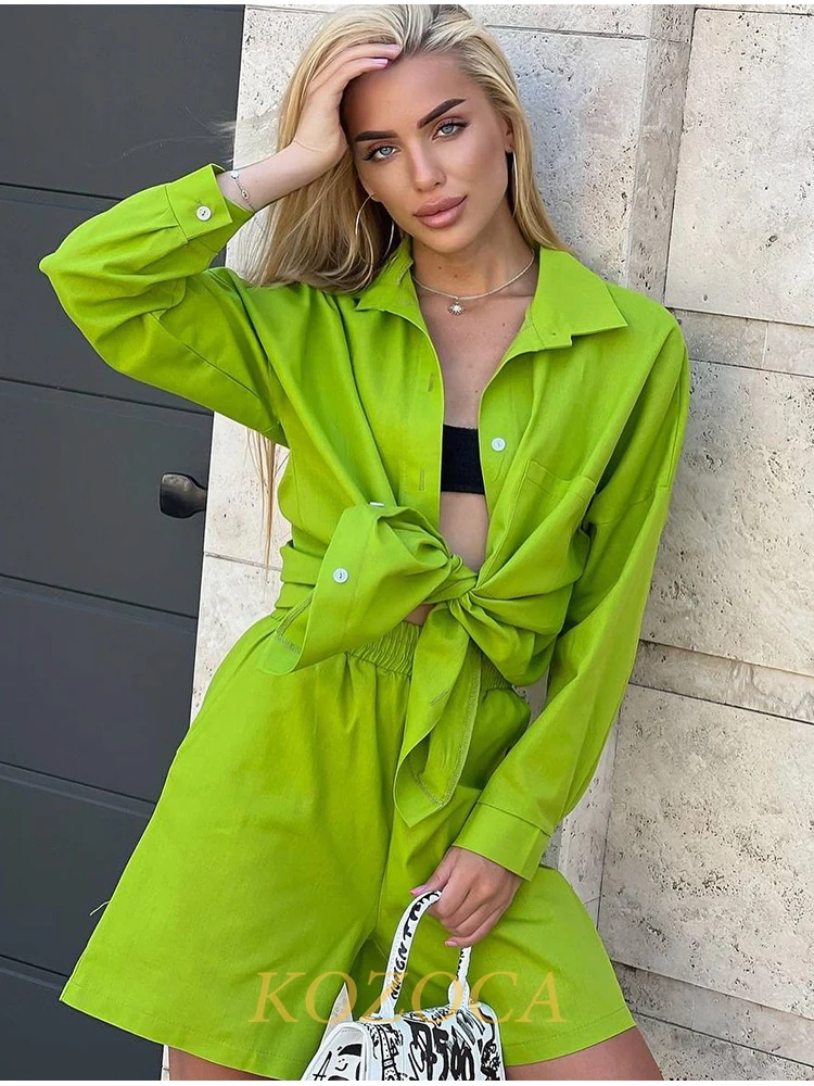 Summer-Two-Piece-Set-Women-Shorts-Suit-Green-Lapel-Long-Sleeve-Shirts ...