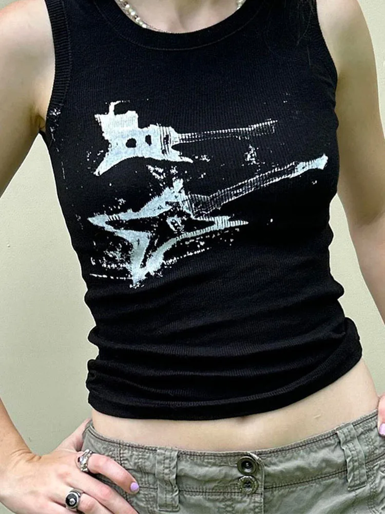 Guitar-Print-Sleeveless-Tank-Top-Y2K-Casual-Ribbed-Women-Grunge-Crop ...