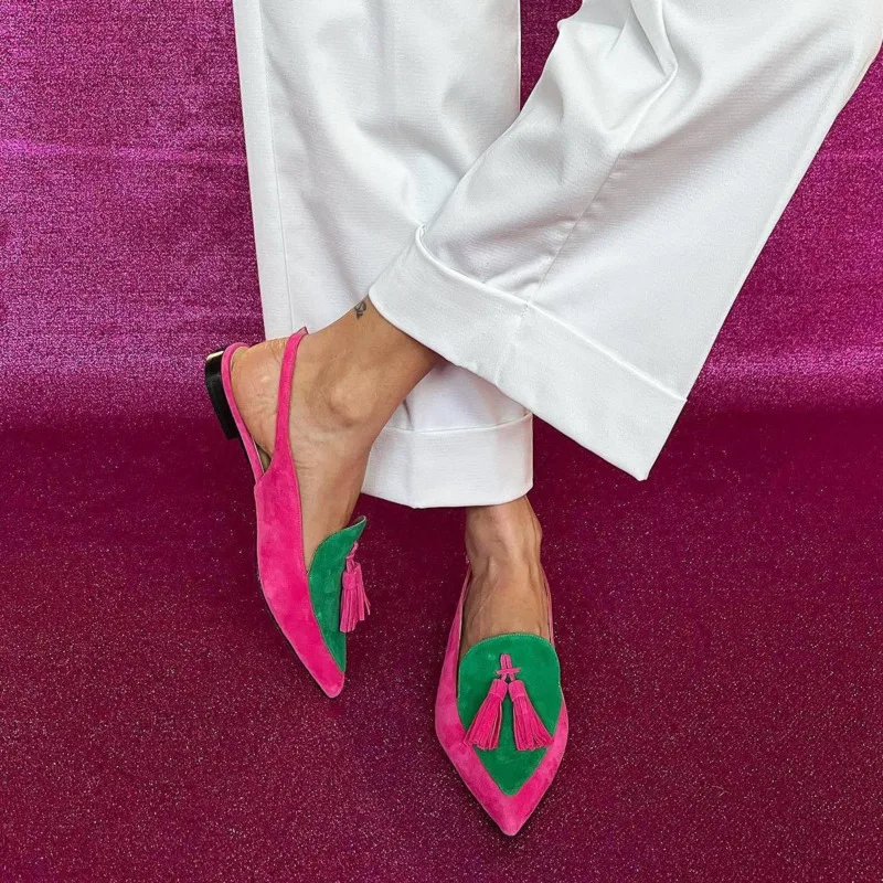 Mules-Colorblock-Tassels-Decor-Ankle-Straps-Pointy-Toe-Flat-Heels-Women ...