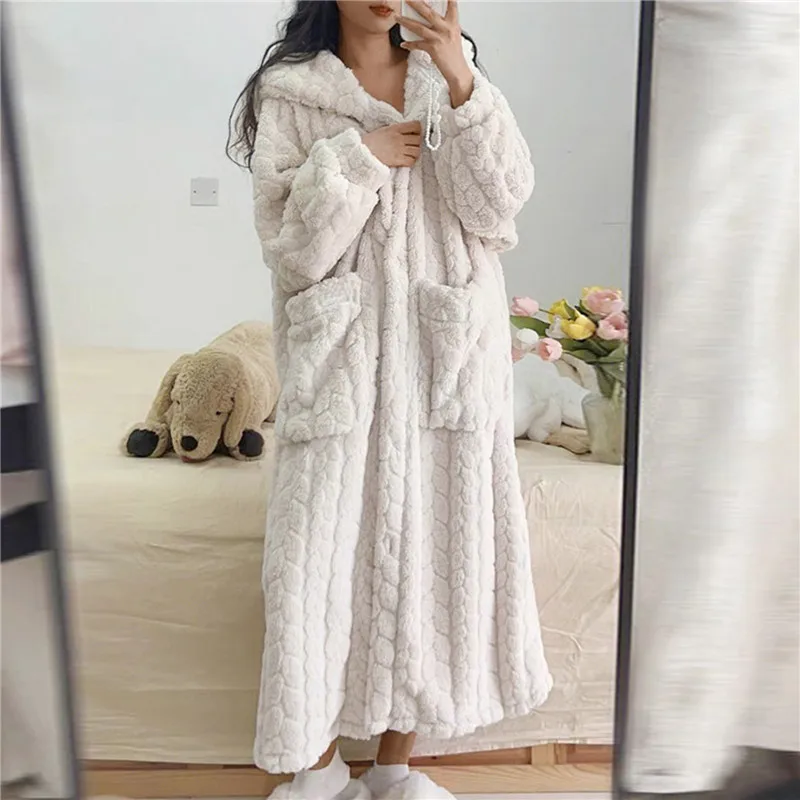 Women-Winter-Cute-Flannel-Warm-Robe-Extra-Long-Hooded-Warm-Bathrobe ...