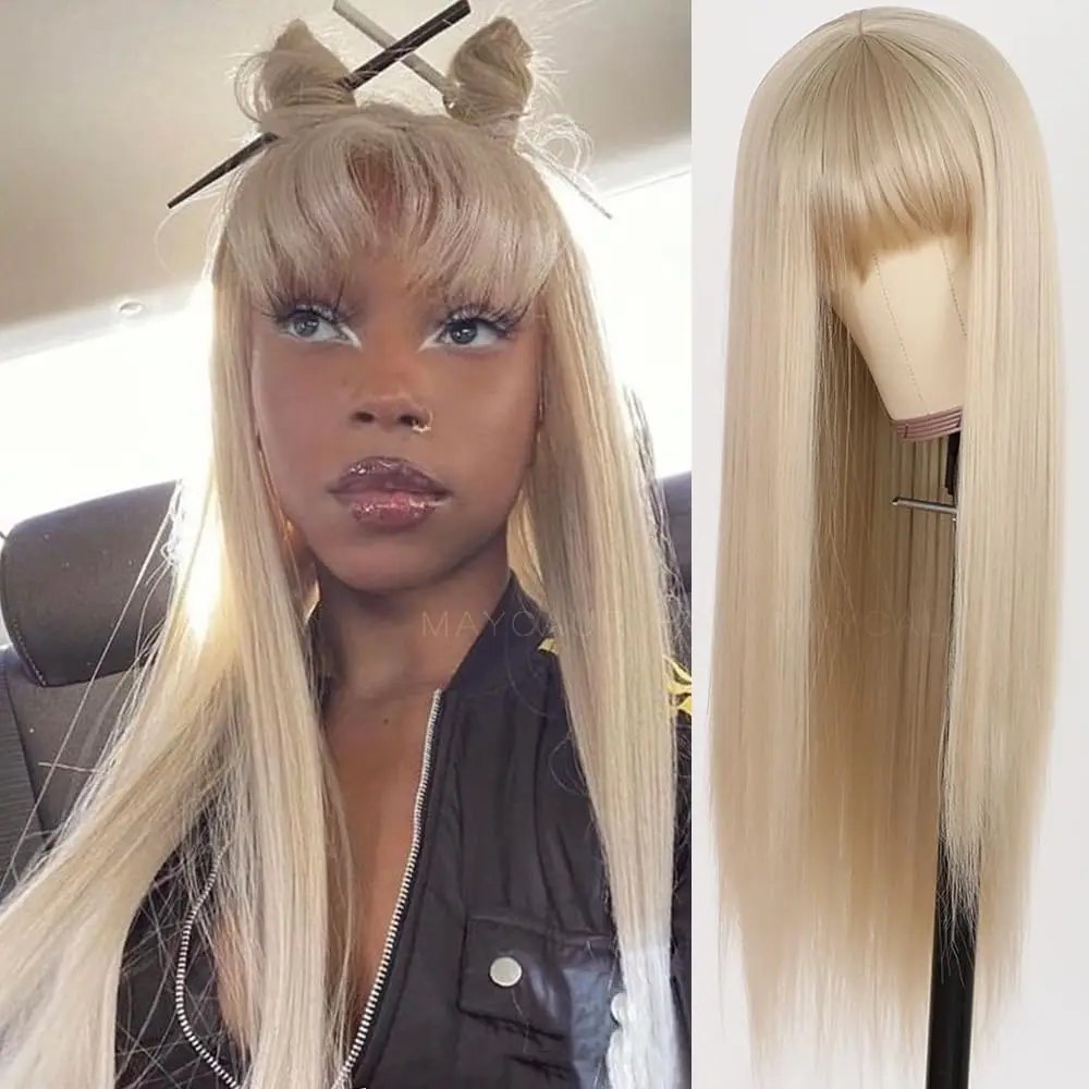 Blonde-Wig-Women-Long-Straight-Bangs-Natural-Fluffy-Soft-Synthetic ...