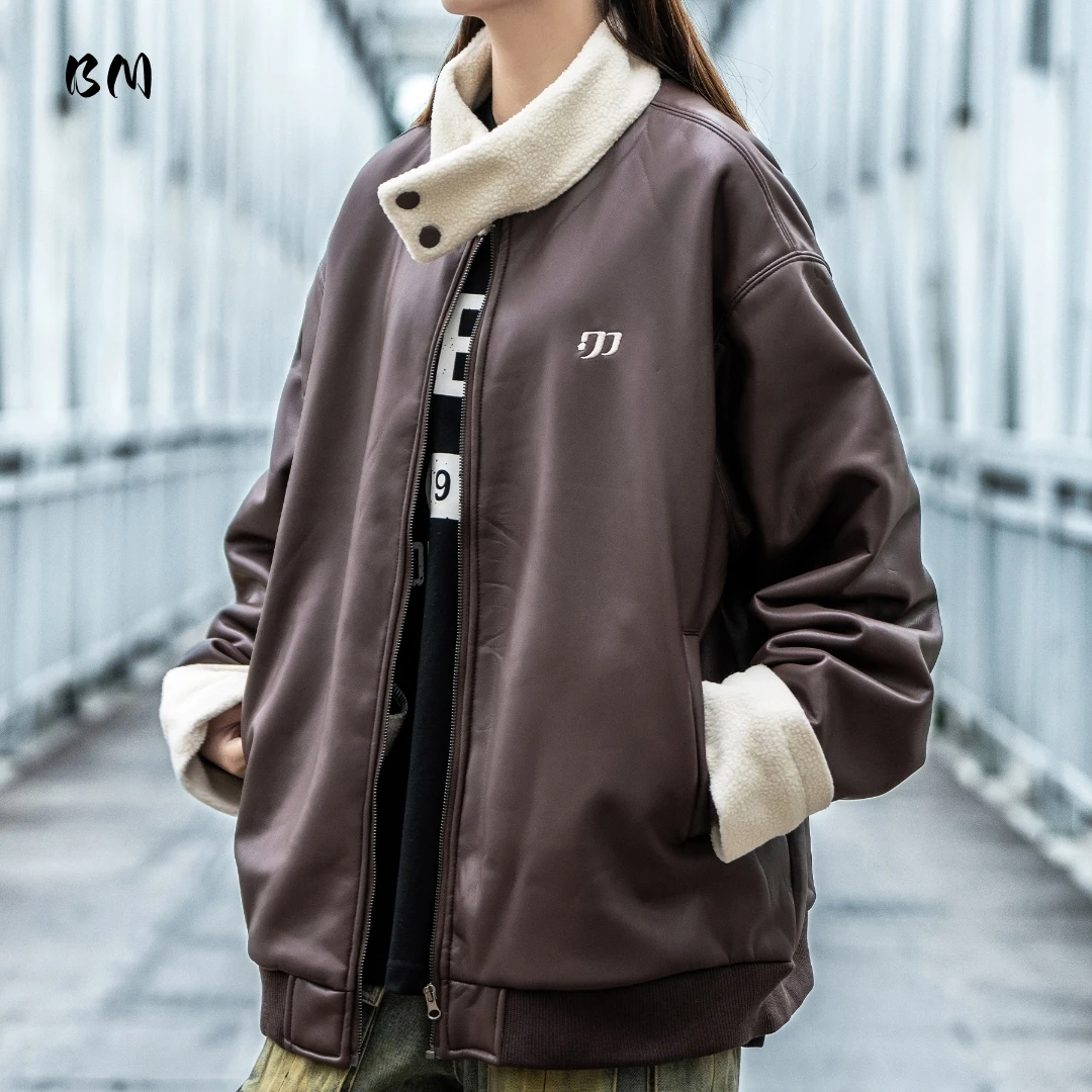 Unisex American Vintage Sherpa Lined PU Motorcycle Jacket Winter Heavy ...