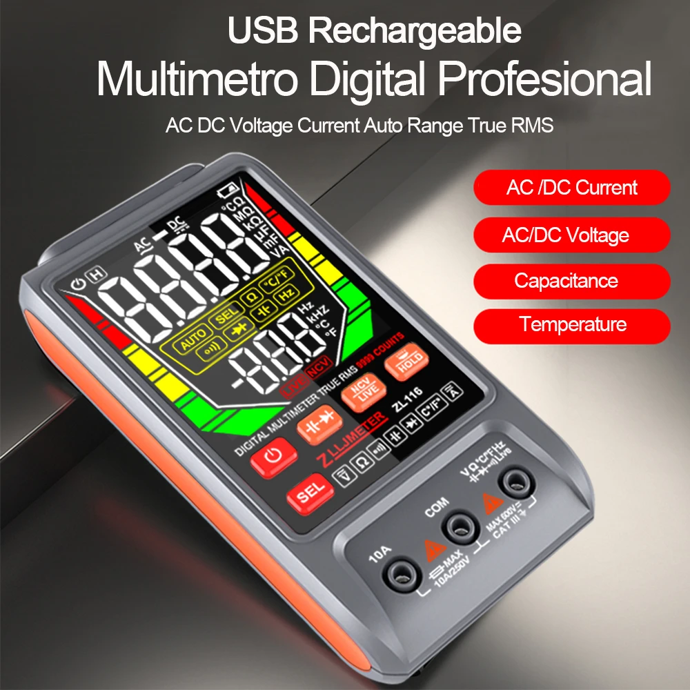 USB Charge Digital Multimeter Large Screen 9999 AC DC Current Voltage ...
