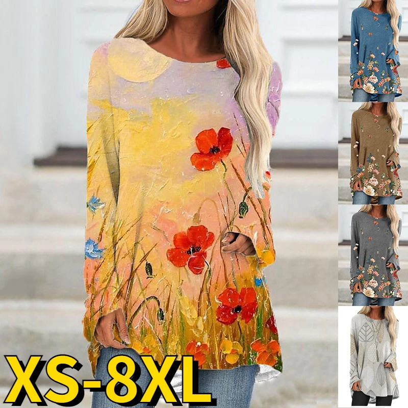 Autumn Women's Fashion Loose Size T shirt Round Neck Flower Print Long Sleeve Elegant Oversized ...