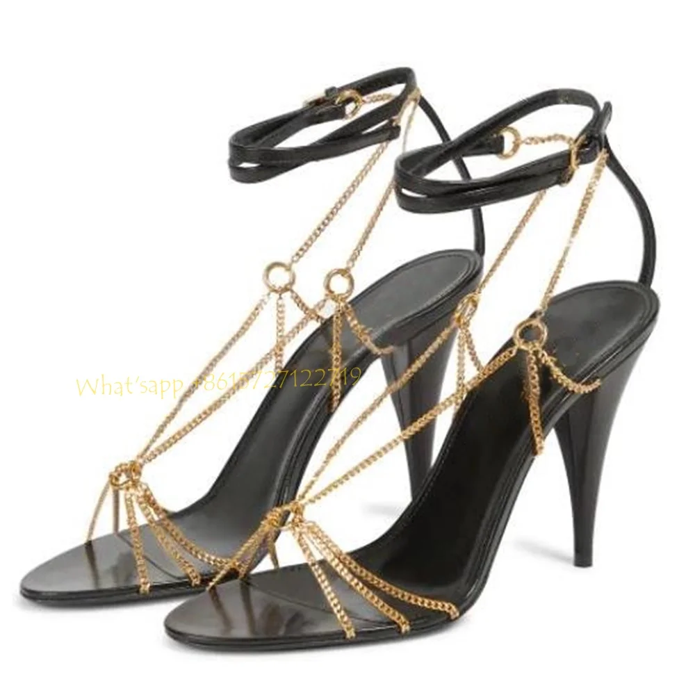 Metal-Chain-Cross-Tied-Summer-Sandals-With-Heels-Peep-Toe-Spike-Heels ...
