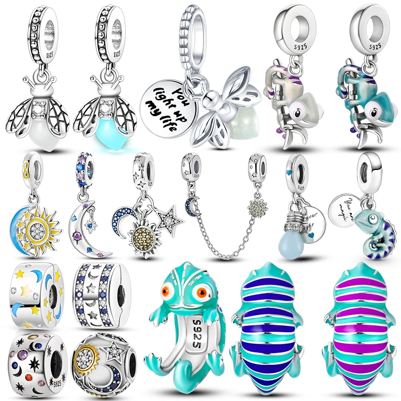 925 Silver Charm Chameleon Glowworm Light Bulb Firefly Star Moon ...