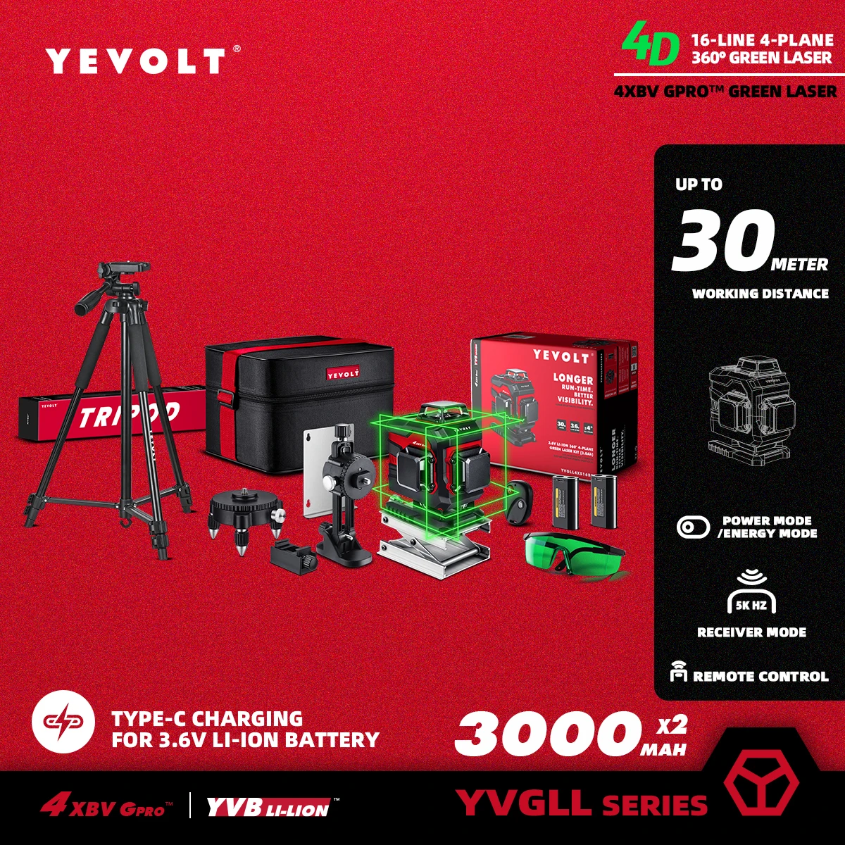 YEVOLT-TP-YVGLL4XS16B2DP-16-Line-4D-Green-Light-Beam-Leveling-Tool-with ...