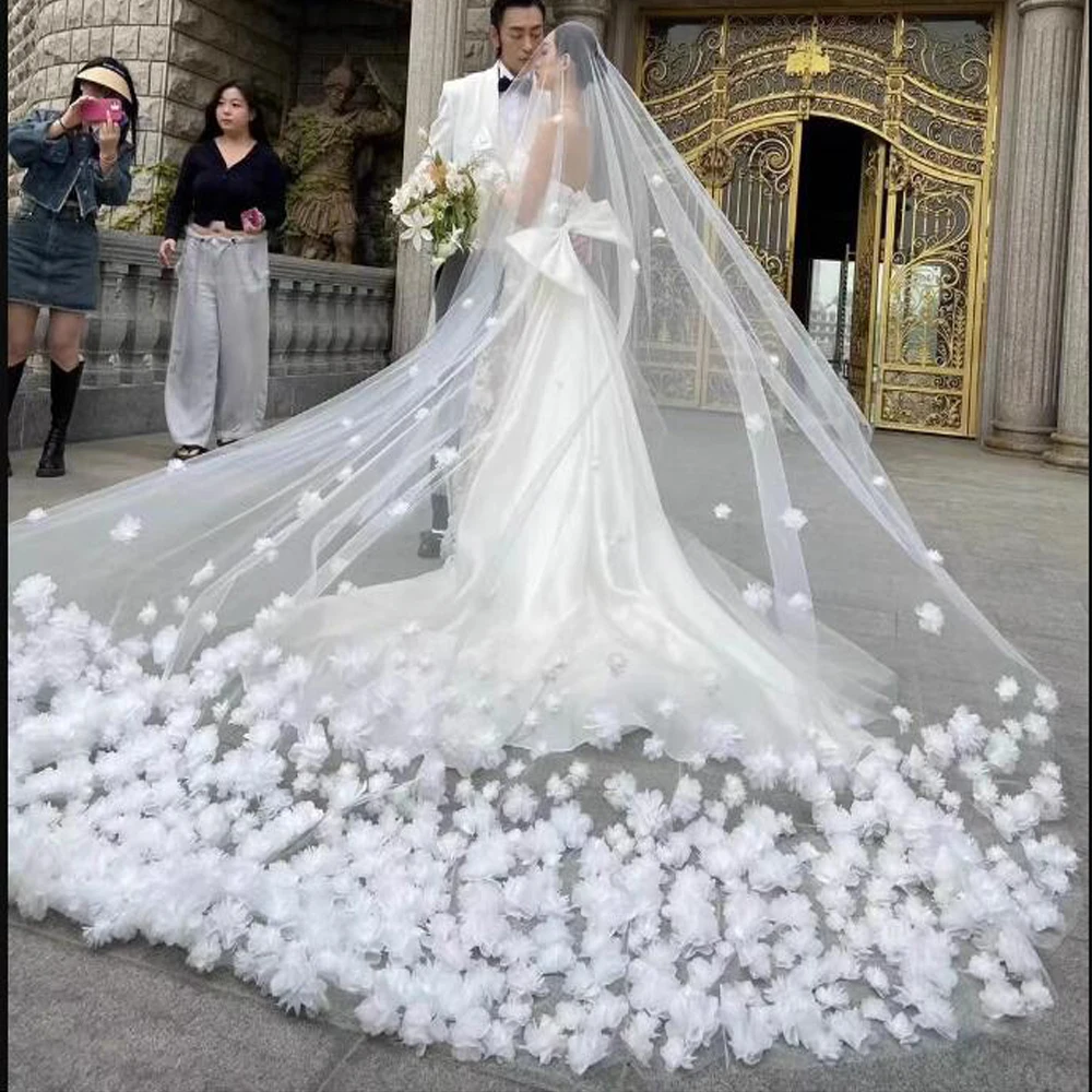 Long Wedding Veil 3D Flowers Bridal Veils Chapel Length Elegant Bride ...