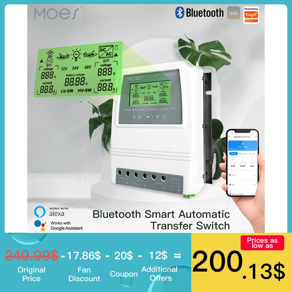 MOES Tuya Smart Dual Power Controller 80A Automatic Transfer Switch for ...