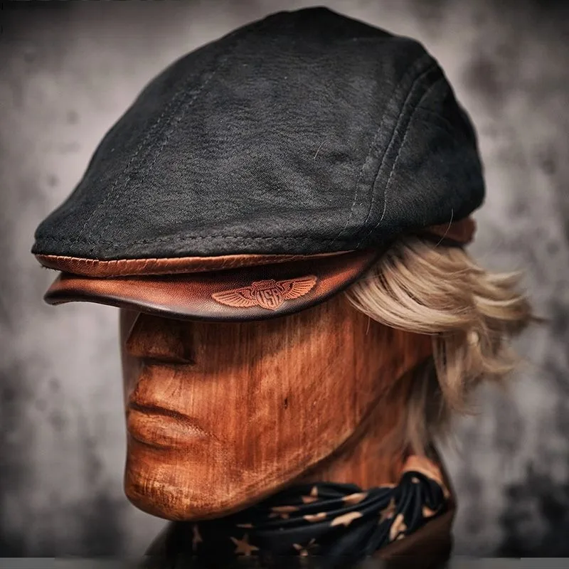 Vintage Peaked Cap Leather Brim Oil Wax Black Handmade Unisex Beret ...