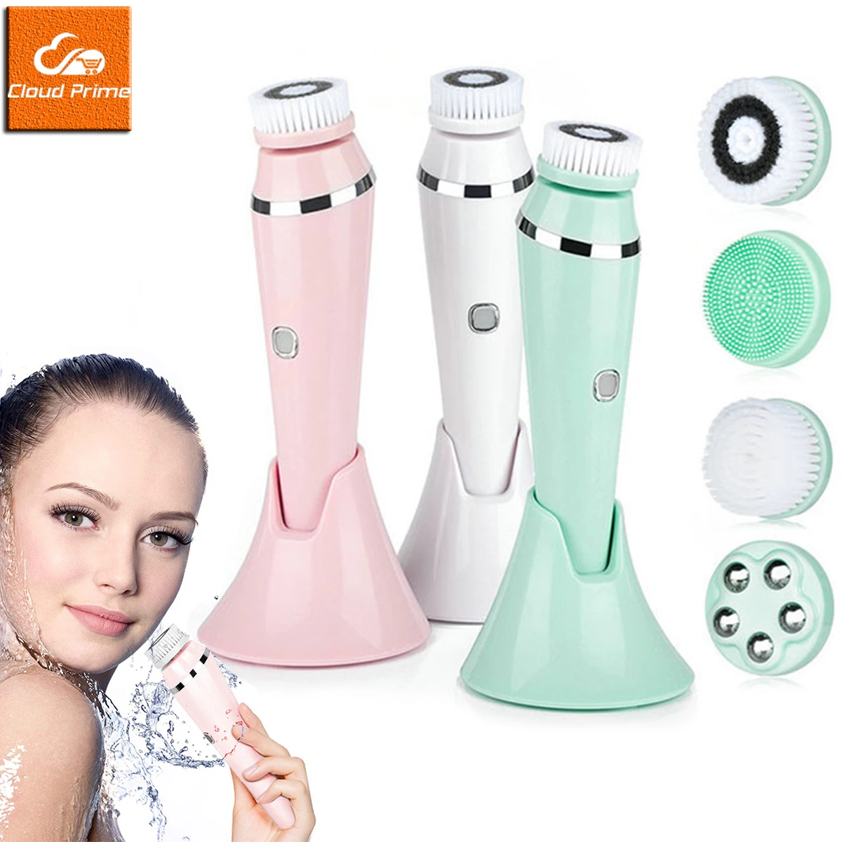 4 heads Electric Silicone Face Skin Care Cleansing Brush Sonic Facial ...