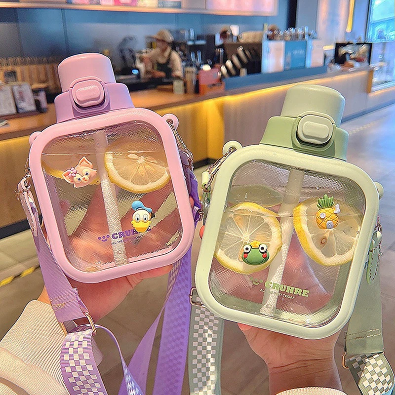 700ml Summer Portable Water Cup Girls Square Plastic Kettle Straw ...