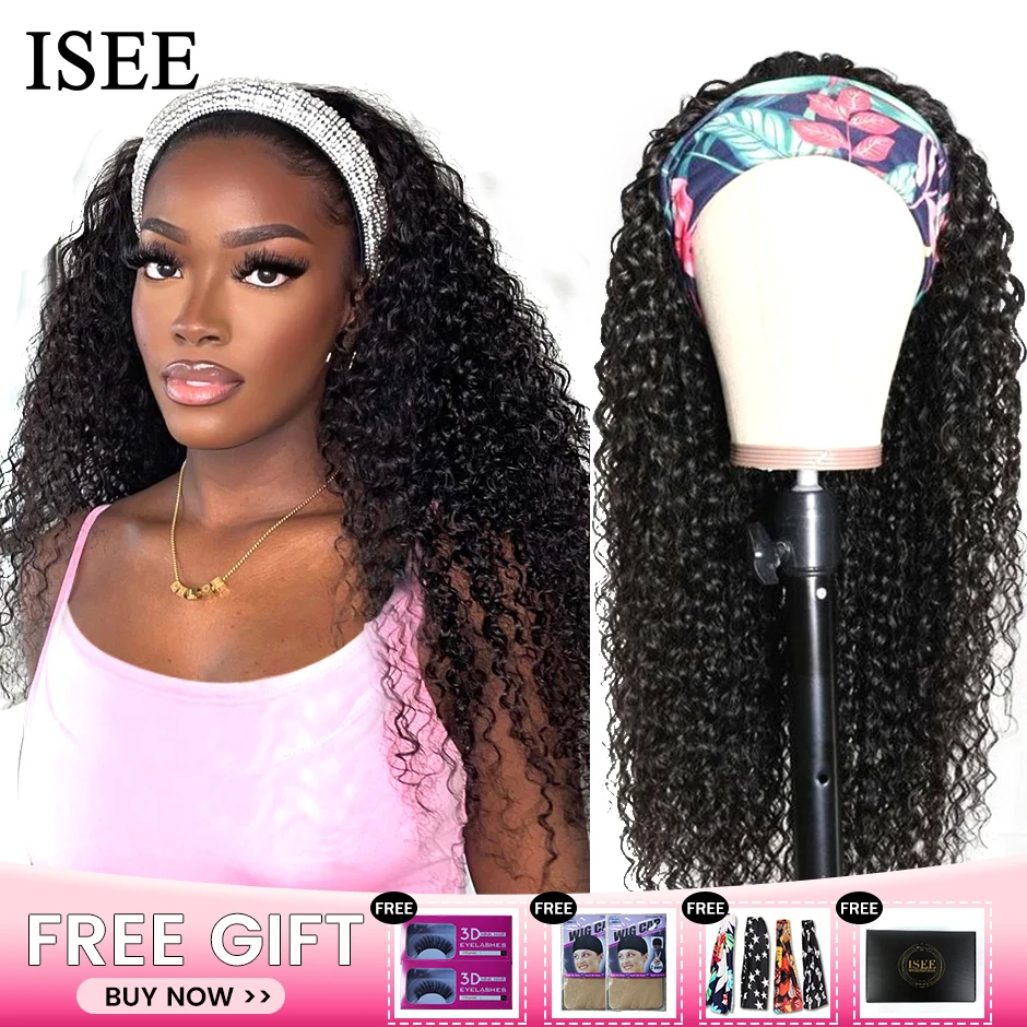 Kinky Curly Women's Headband Wig Isee Hair Scarf Wig Brazilian Human ...