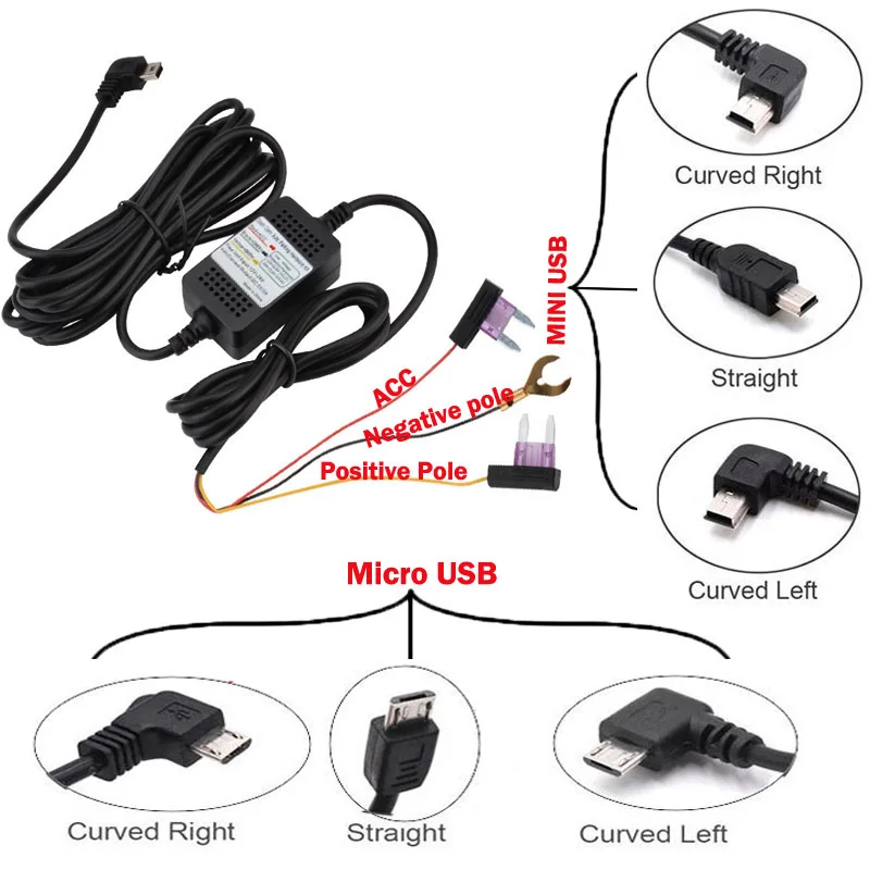 12V/24V 3A Dash Cam Cable Mini Micro USB Car Charger 24h Parking Buck ...