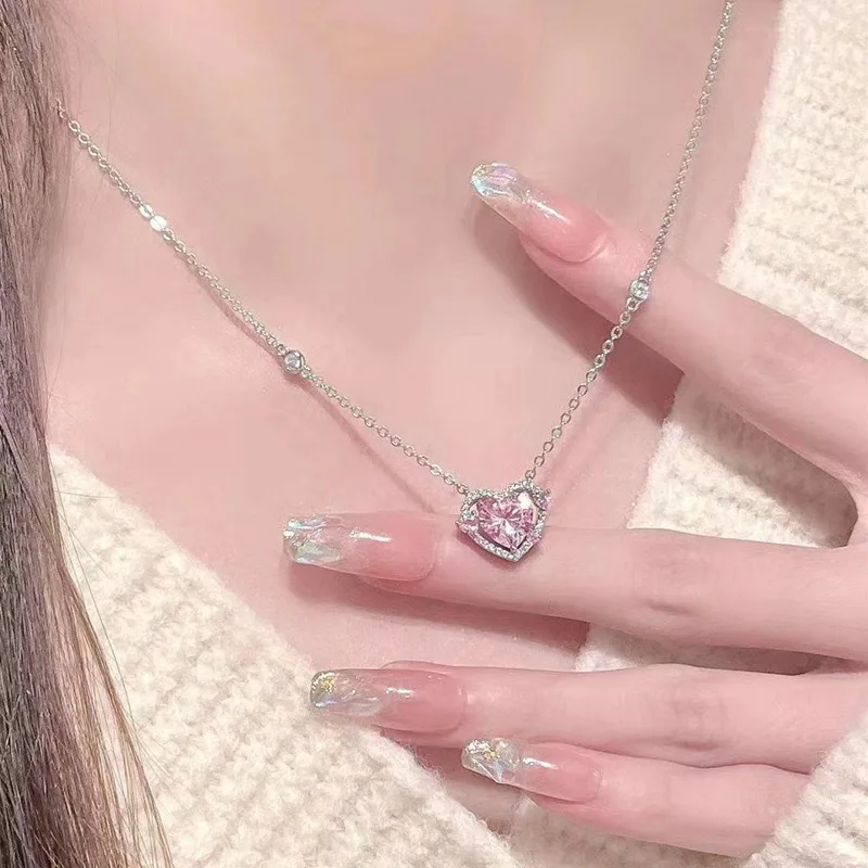 Korean-Fashion-Pink-Crystal-Heart-Pendant-Necklaces-Women-Girls-Y2K ...