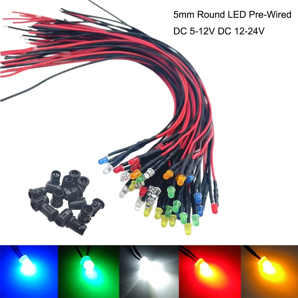 10-50pcs-3mm-5mm-Round-led-diode-DC5V-12V-24V-Pre-Wired-Water-Clear ...
