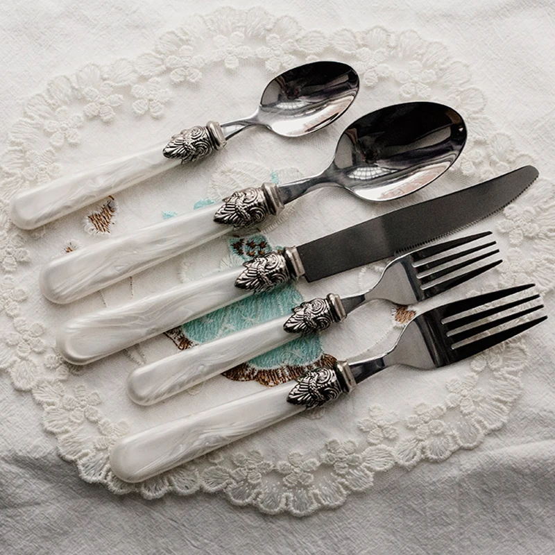Retro-Carving-Pearl-Spoon-Fork-Knife-Stainless-Steel-Vintage-Resin ...