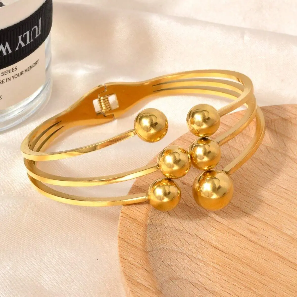 Stainless-Steel-Round-Ball-Cuff-Bracelet-Bangle-for-Women-Gold-Color-Metal-Chunky-Bracelets ...