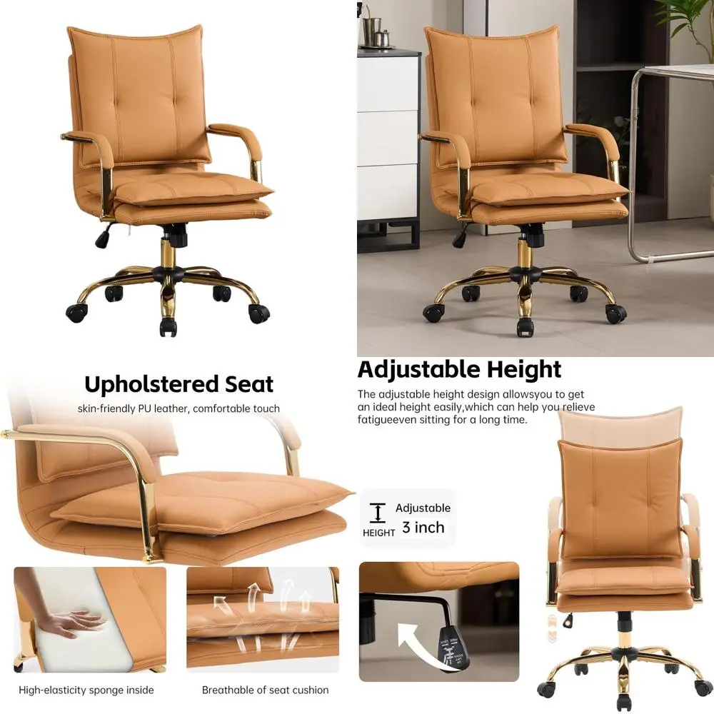 Luxury Camel Leather Ergonomic Office Chair with Swiveling, Adjustable ...
