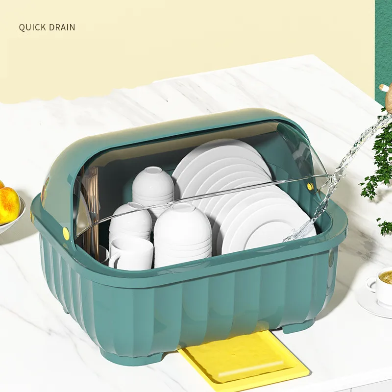 Kitchen-Dish-Organizer-Drain-Board-with-Lid-Dish-Container-Dust-Cover ...