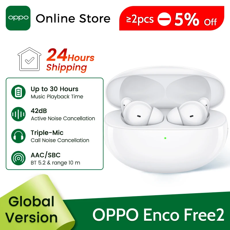 글로벌 OPPO ENCO 프리 2 TWS 이어폰, 무선 블루투스 5.2 이어버드, 액티브 노이즈 캔슬링, 3 마이크 헤드폰 ...
