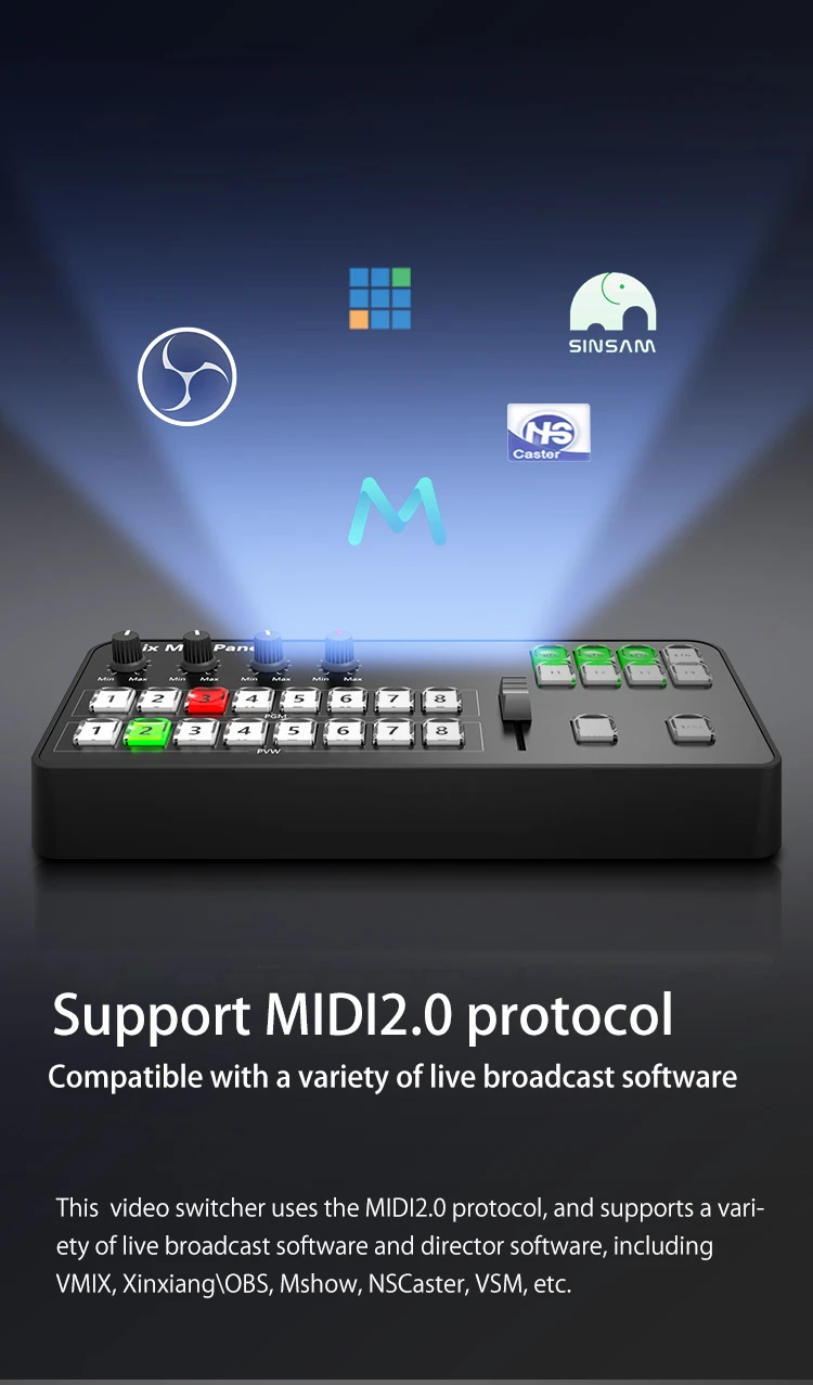 Tyst vídeo vmix mini switcher painel de controle midi2.0 gravação vídeo ...