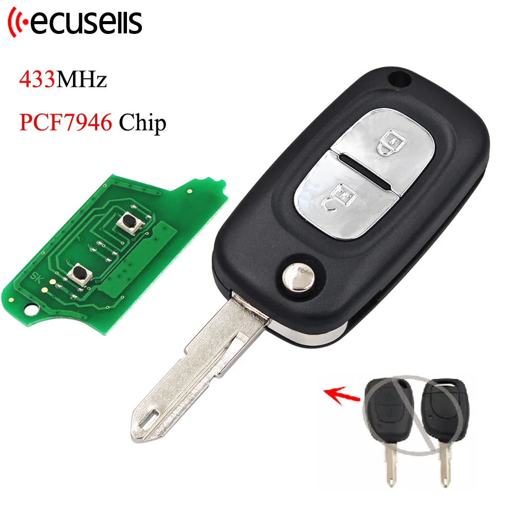 Modified 2 Button Flip Remote Car Key 433MHz PCF7946 Chip for Renault ...