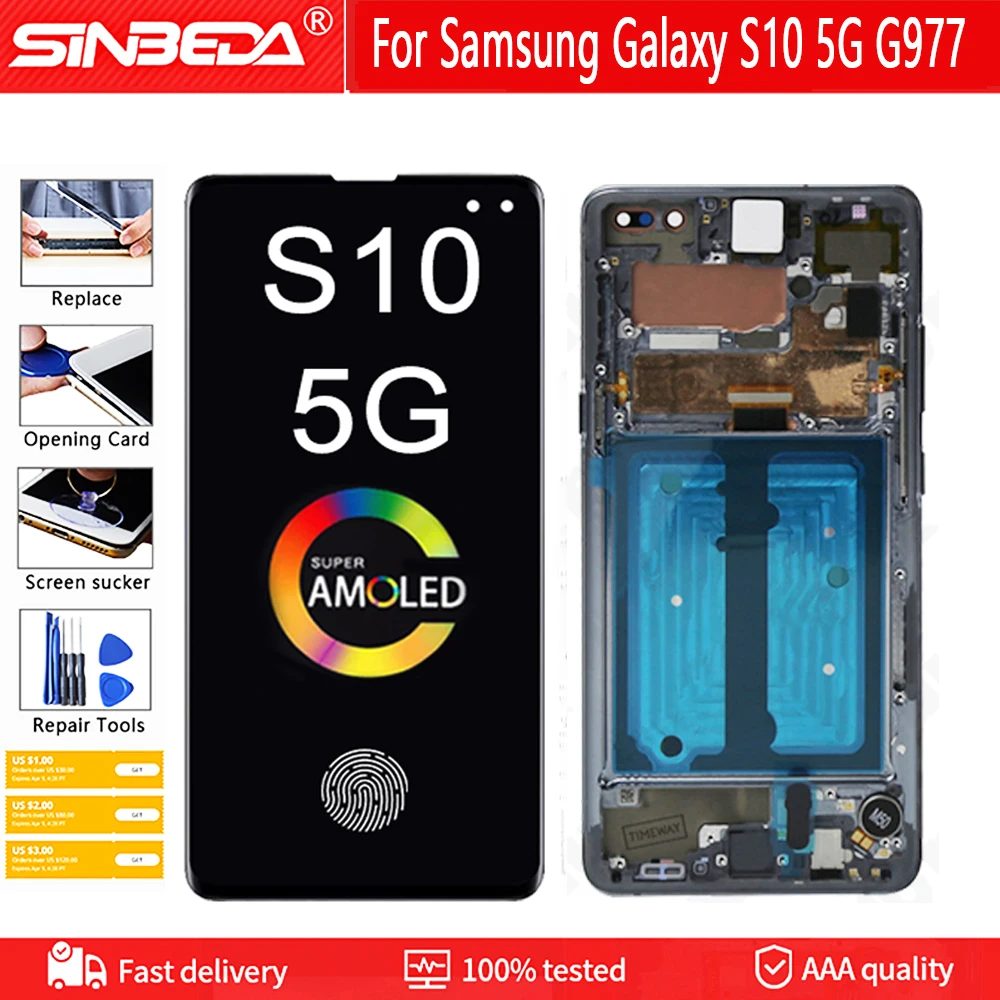 삼성 갤럭시 S10 용 슈퍼 AMOLED 디스플레이, LCD 터치 스크린 디지타이저 교체 패널, 100% 오리지널, 6.7 인치, 5G, G977, G977F, G977U ...