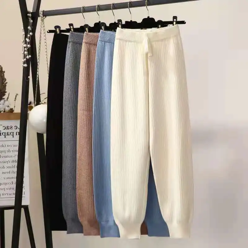 Loose-women-elastic-waist-pull-rope-pants-thick-knit-Hareem-pants ...