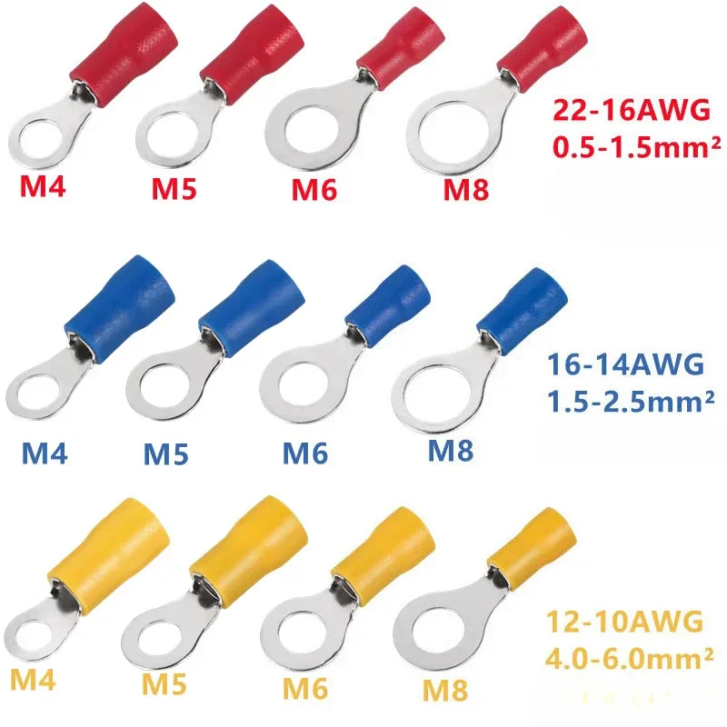 100PCS Ring Crimp Terminal M4/M5/M6/M8 Round Plugs Pre-insulated ...