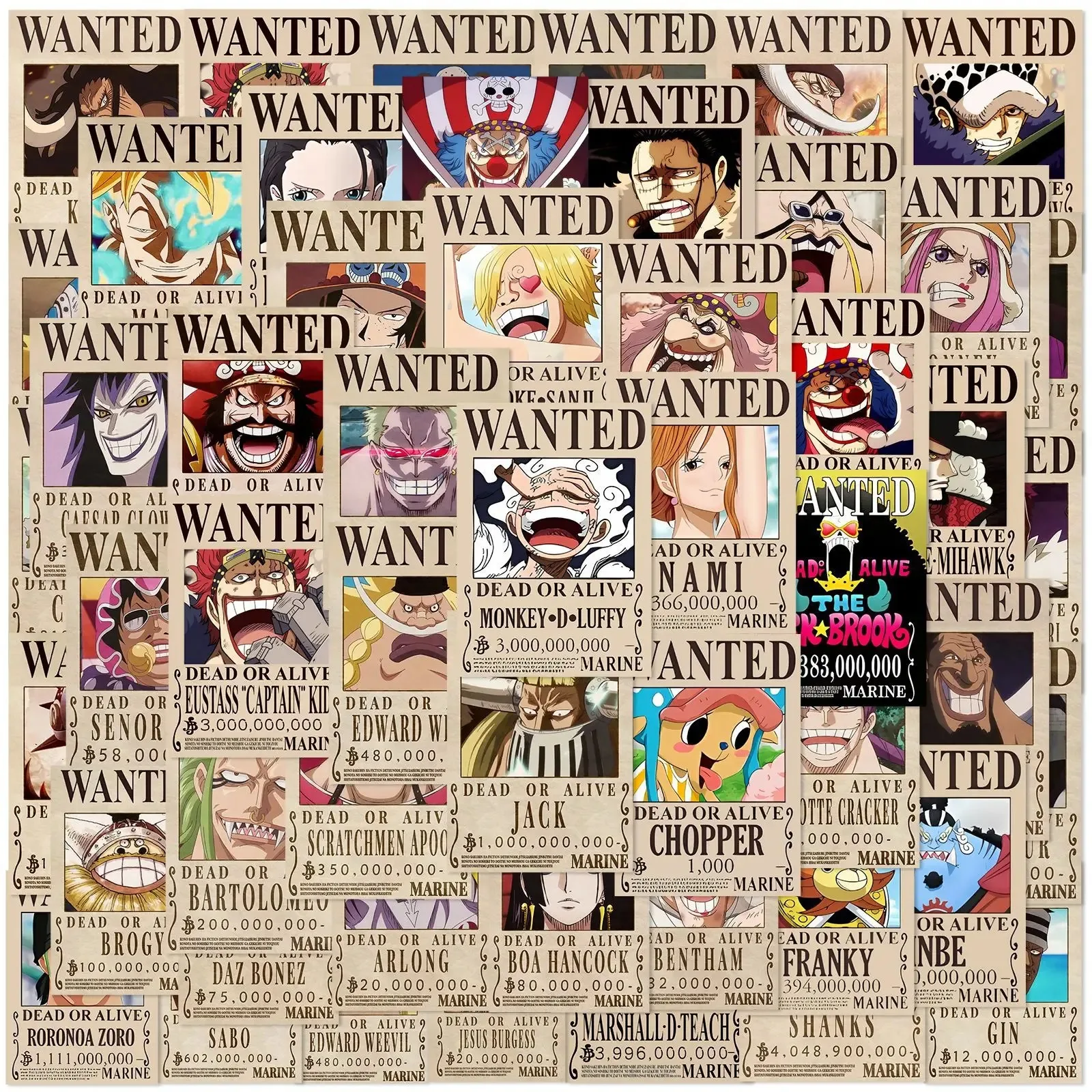 50PCS-Anime-One-Piece-Wanted-Posters-Stickers-Cool-Decal-Decoration-DIY ...