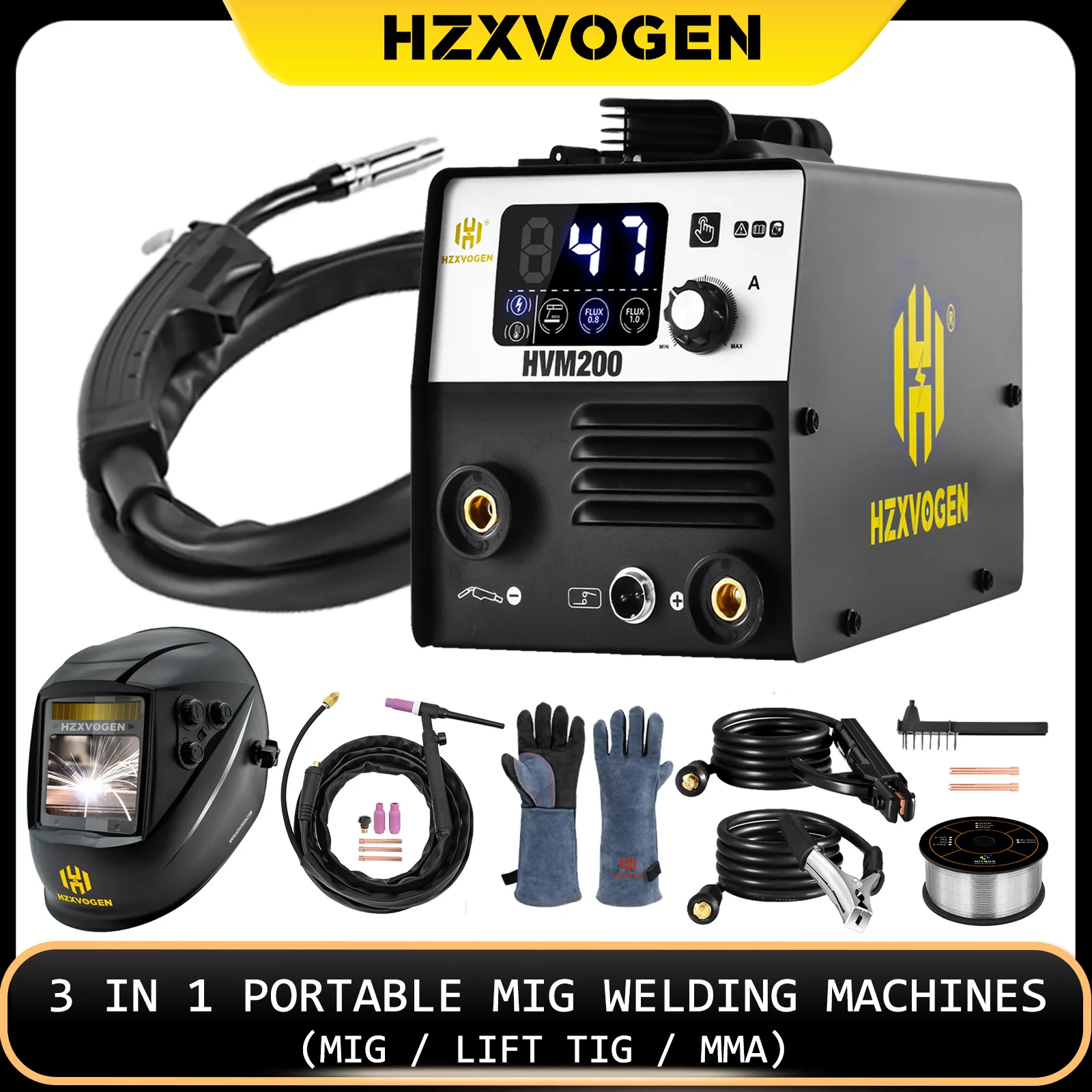 HZXVOGEN 3 in1 HVM200 Semi-Automatic MMA Mig Welding Machine Inverter ...