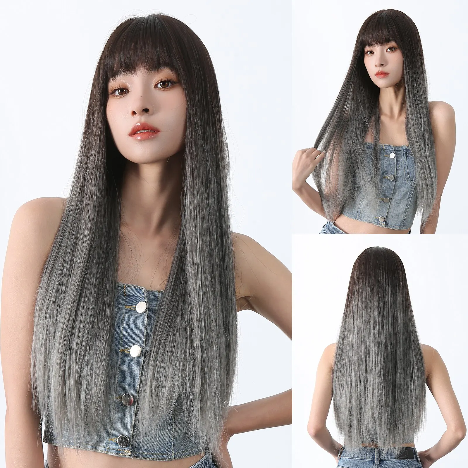 Long-Straight-Gray-Synthetic-Wig-With-Bangs-Dark-Brown-to-Grey-Ombre ...