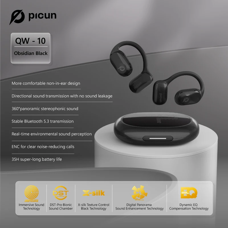 Picun qw10-マイク付きの真のワイヤレスヘッドフォン,Bluetooth,イヤーフック付き,耐汗性,急速充電