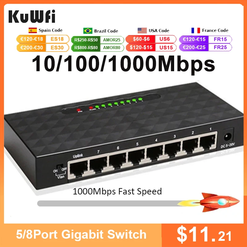 Kuwfi 5/8 porta gigabit switch ethernet smart switcher alto desempenho ...