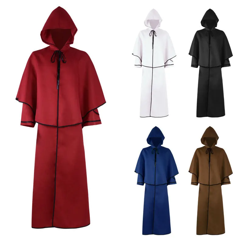 Men Tunic Hooded Robe Cloak Knight Cosplay Costume Wizard Vampire Robe ...