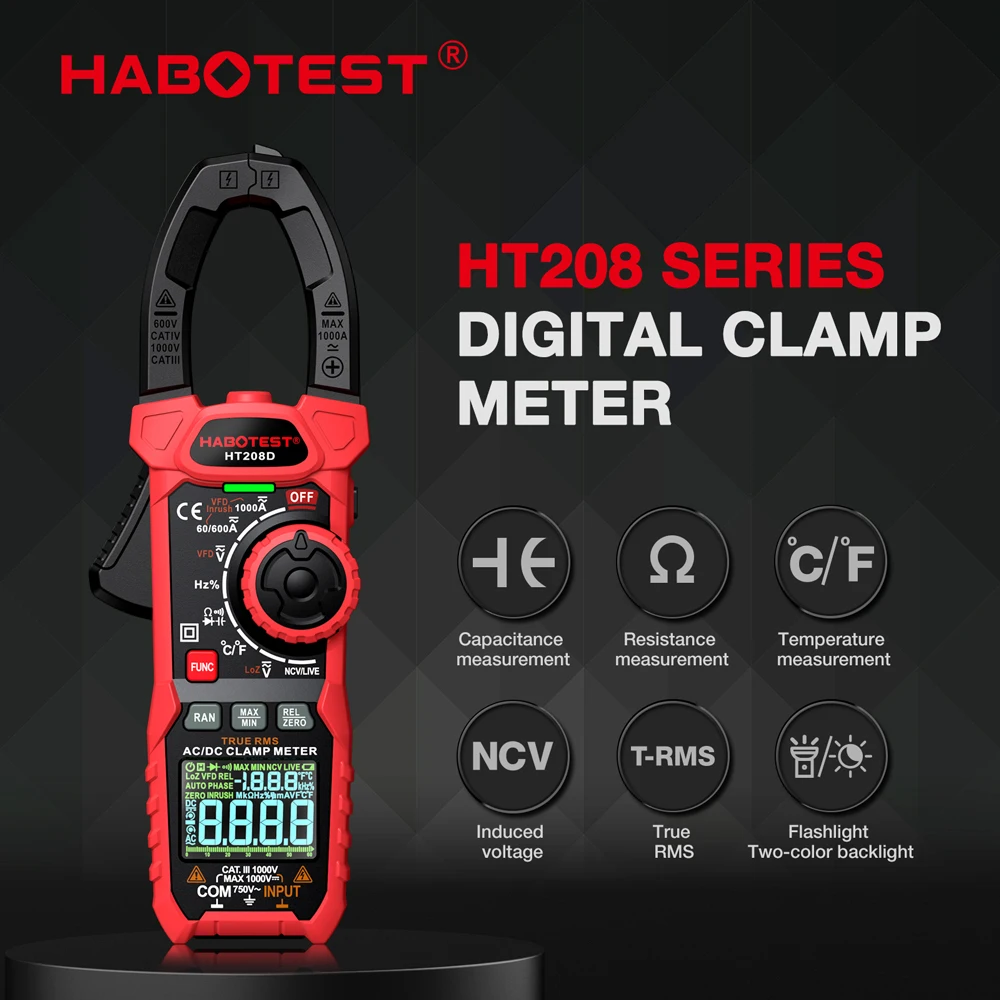 HABOTEST-HT208 Digital Clamp Meter, Amperímetro, Temperatura de ...