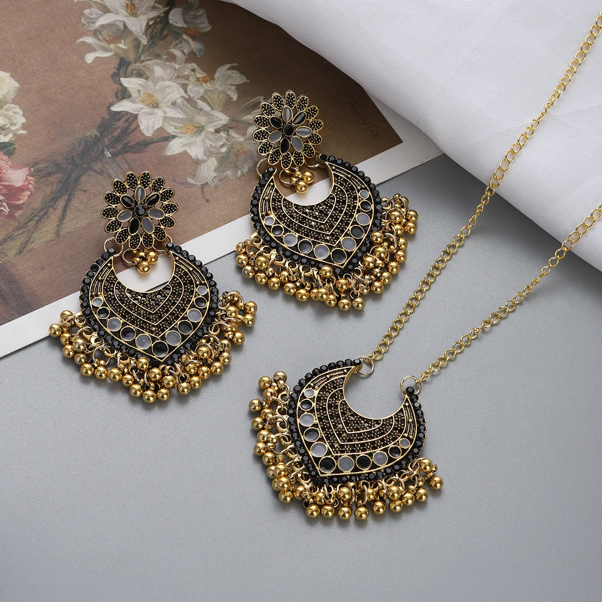 Boho-Black-Flower-Heart-Pendant-Earrings-Necklace-Set-Gold-Color-Indian ...