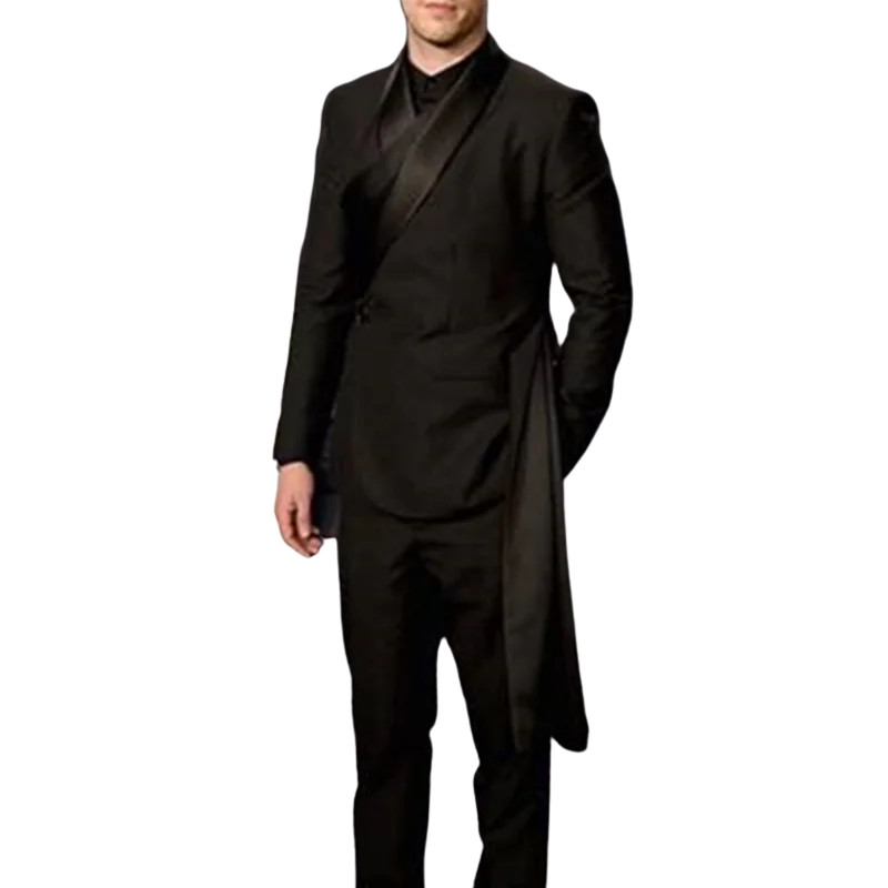 Mens-Suit-Slim-Fit-2-Piece-Black-Satin-Shawl-Collar-Blazer-with-Long ...