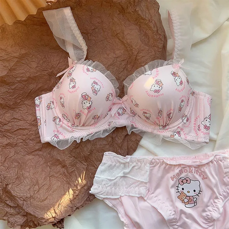 Miniso Sanrio Underwear Set Hello Kitty Lace Bowknot Bra Sweet Girl Bra Panties No Steel Ring ...