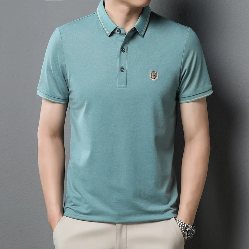 Camiseta-bordada-de-manga-curta-de-seda-gelo-masculina-polo-de-algod-o ...